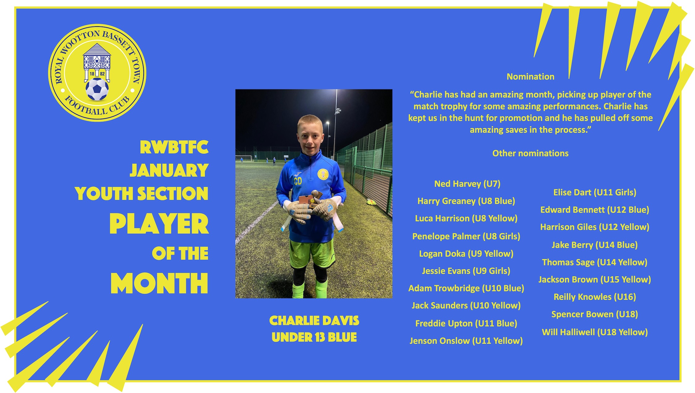 RWBTFC - News - January Youth Section Player of the Month – Charlie Davis